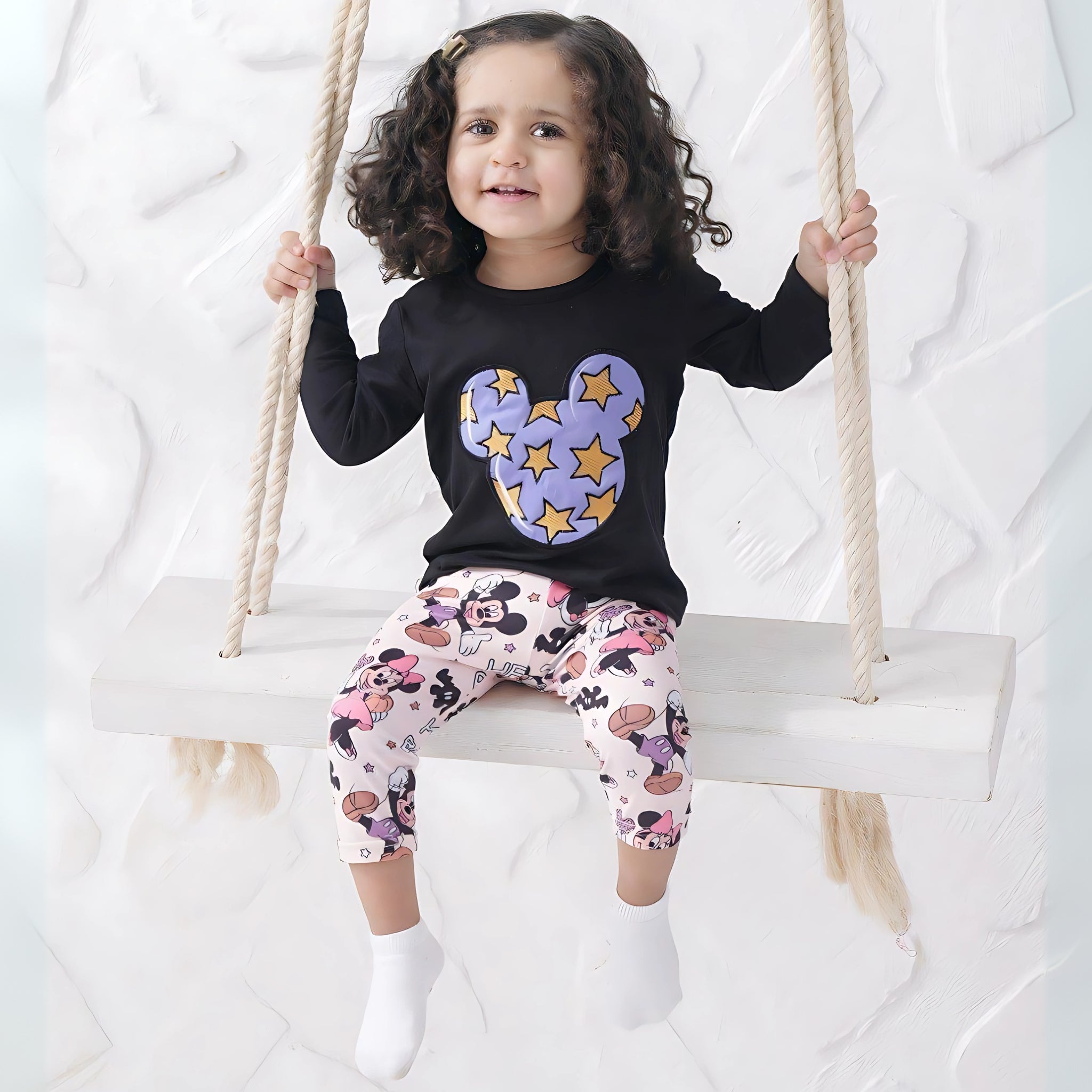 Minnie Mouse Stars Logo Black Cotton Pants Pyjama Set – Little Toes Egypt